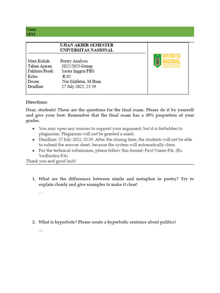 Poetry Analysis Final Exam Questions | PDF