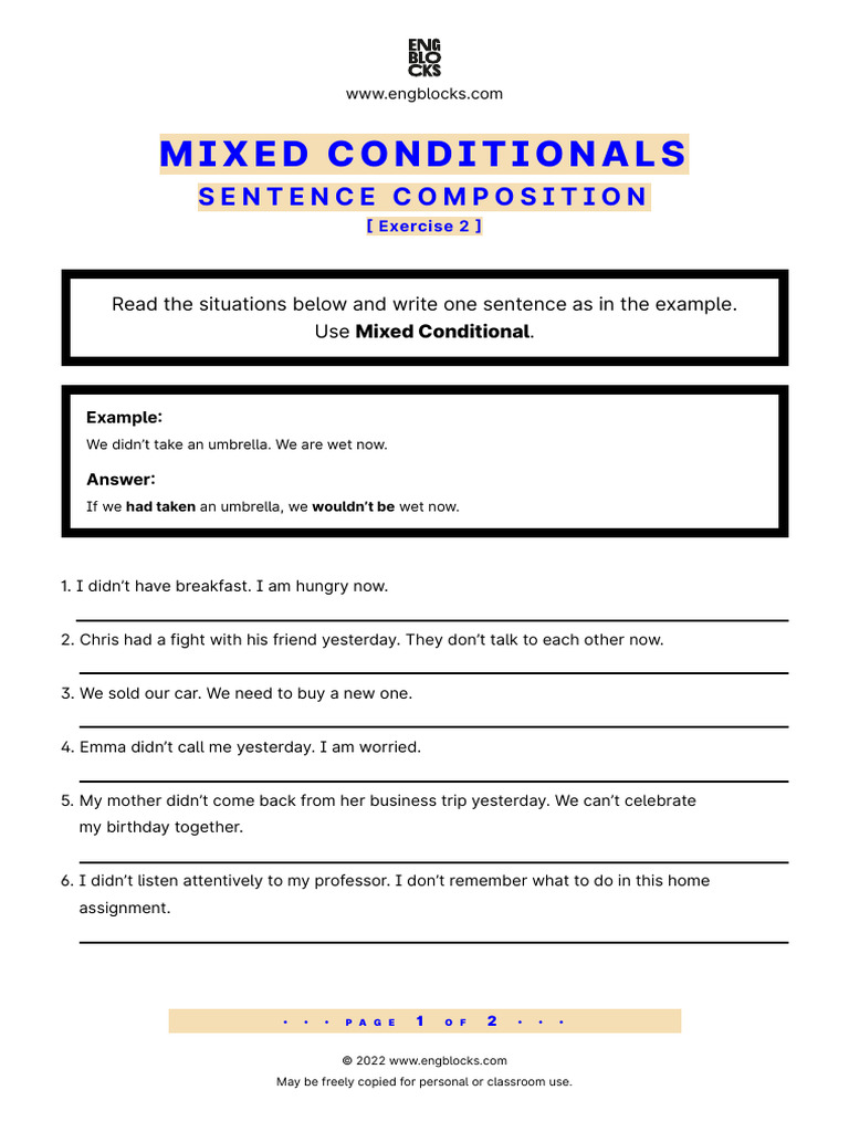 Mixed Conditionals Sentence Composition Exercise 2 | PDF
