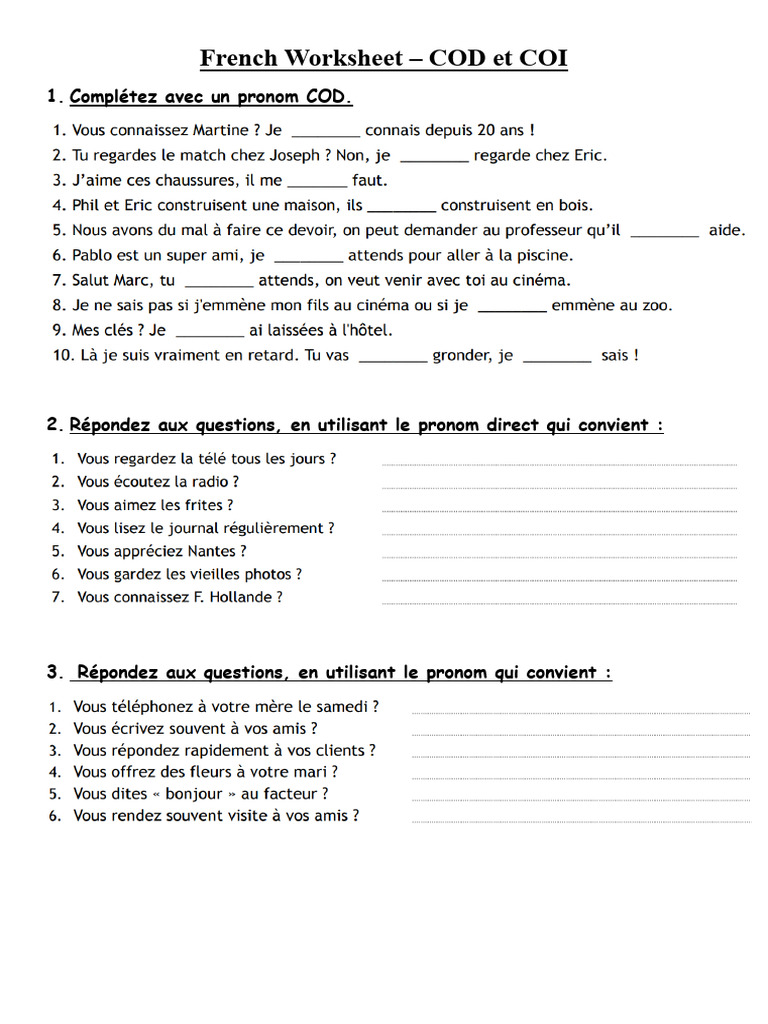 Exercices sur COD et COI en français | PDF