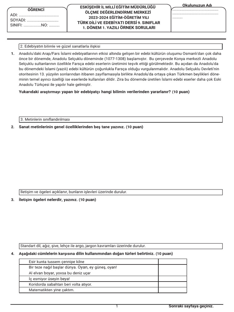 2023-2024 - 9. - Sinif - 1-Tde (1) | PDF