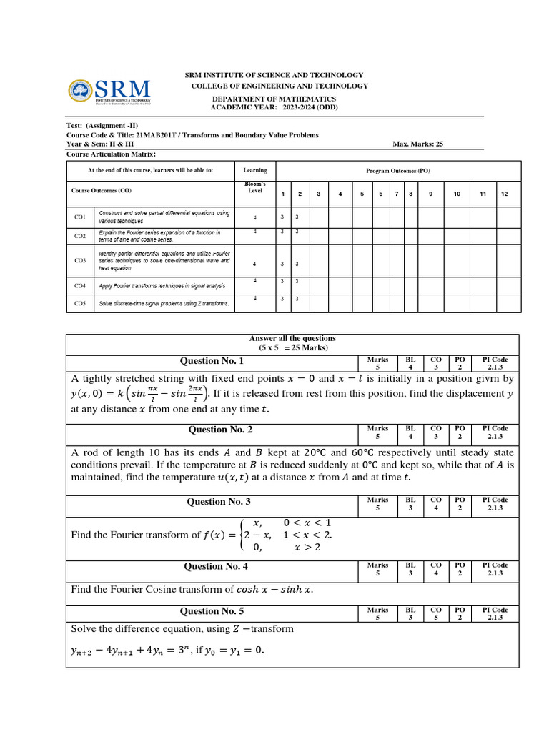 Assignment 2 - Non CSE-21MAB201T | PDF | Fourier Series | Differential ...