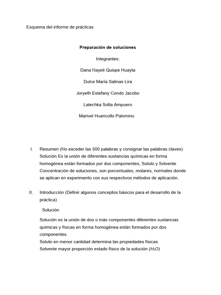 Esquema Del Informe de Prácticas (2) SOLUCIONES | Descargar gratis PDF | Concentración | Ácido ...