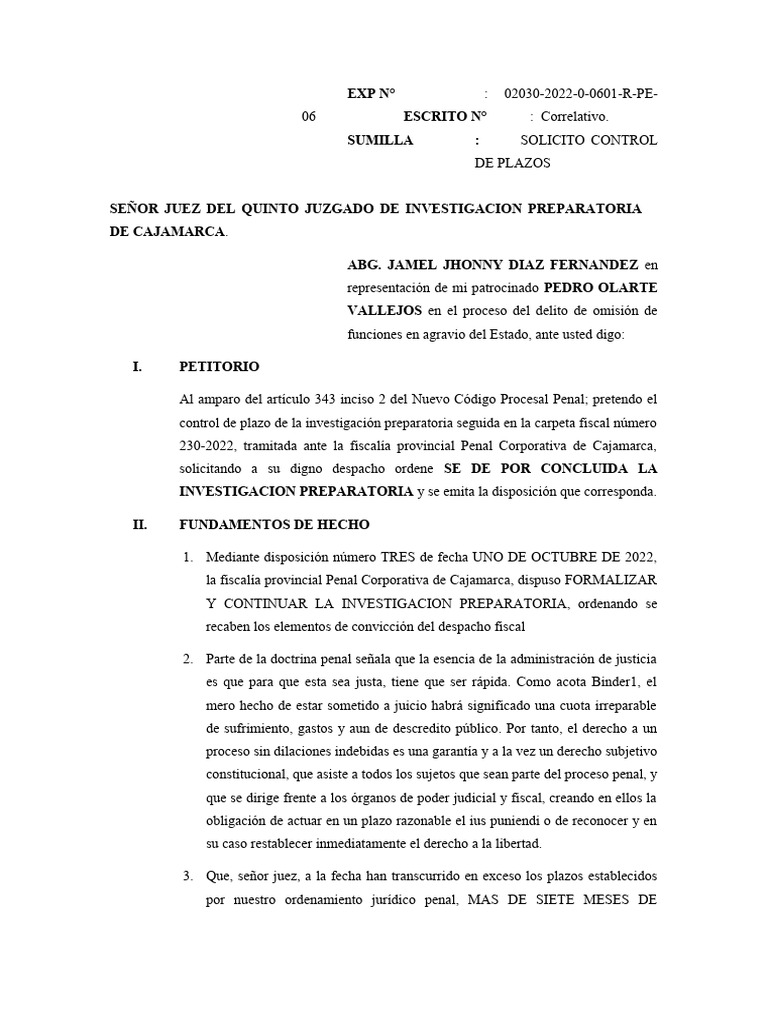 Escrito - Control de Plazos | PDF | Procedimiento Criminal | Fiscal