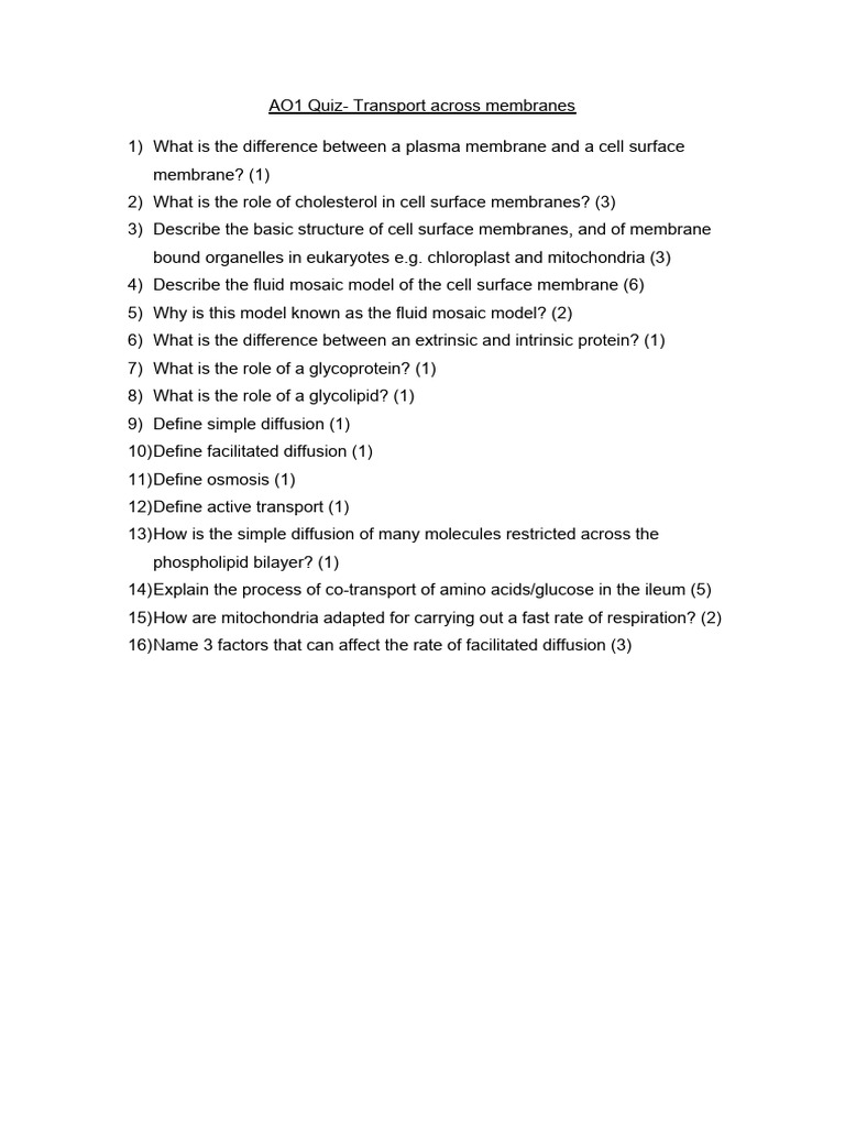 AO1 Quiz Transport Across Membranes | PDF | Cell Membrane | Lipid Bilayer