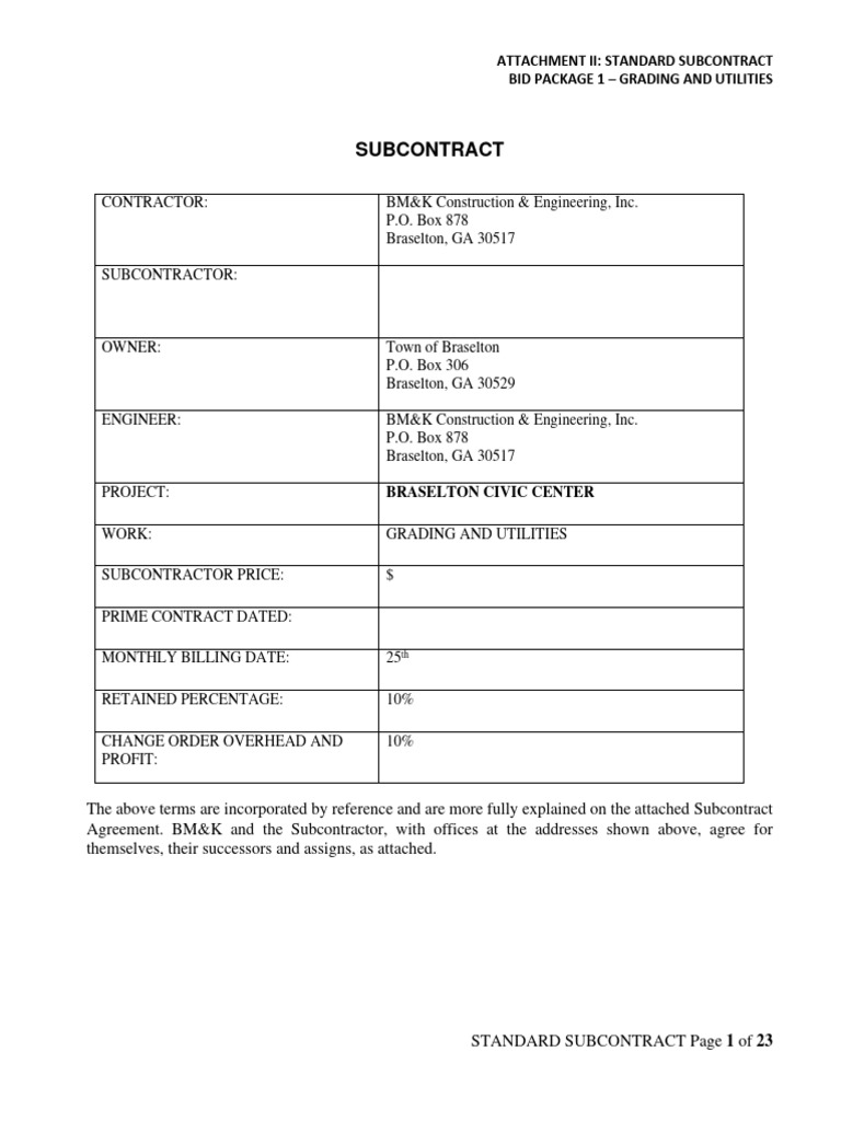 IV - Subcontract Agreement | PDF | Storm Drain | General Contractor