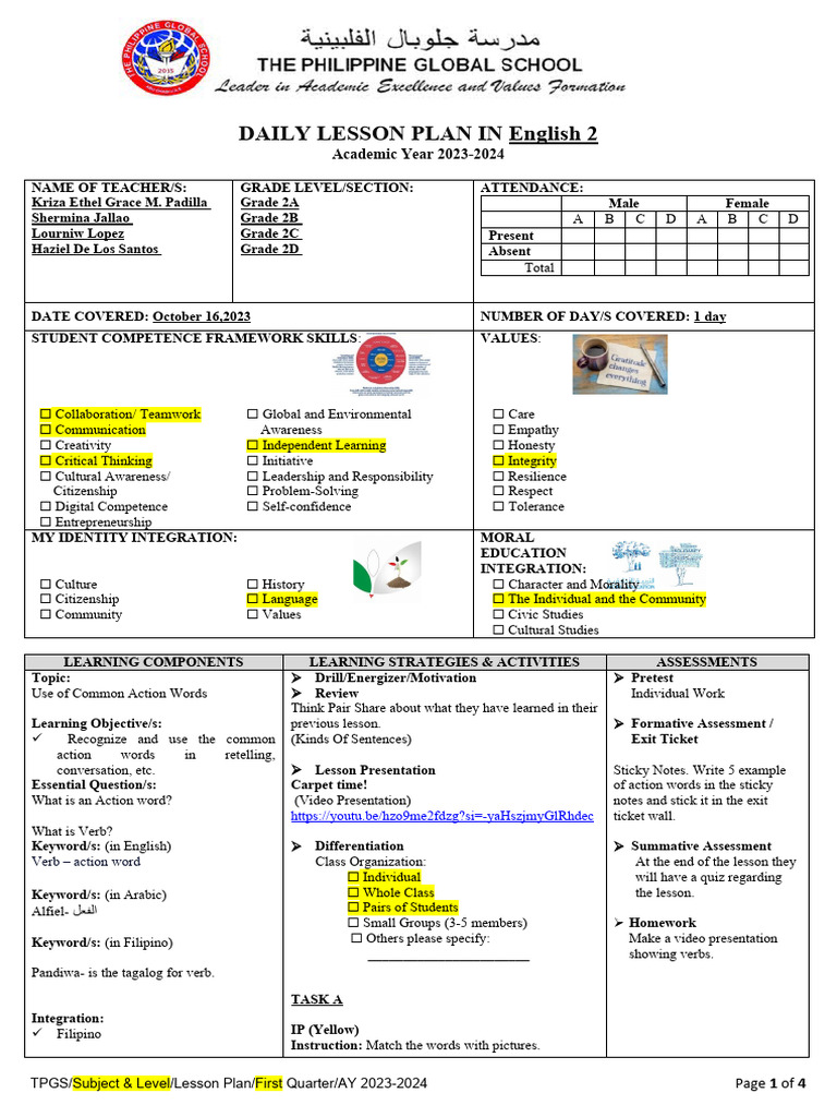 LP8 Use of Common Action Words | PDF | Lesson Plan | Learning