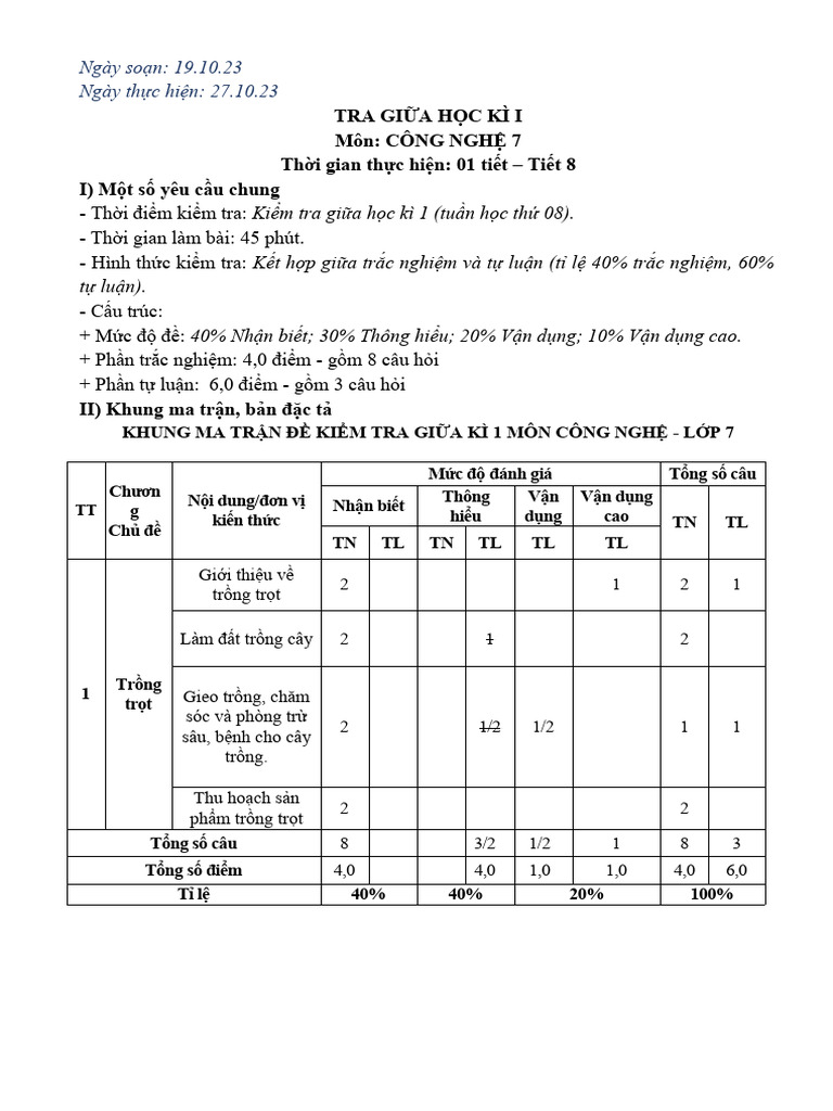 Cong Nghe 7 KT Giua Ki 1co Ma Tran Va Dac Ta | PDF
