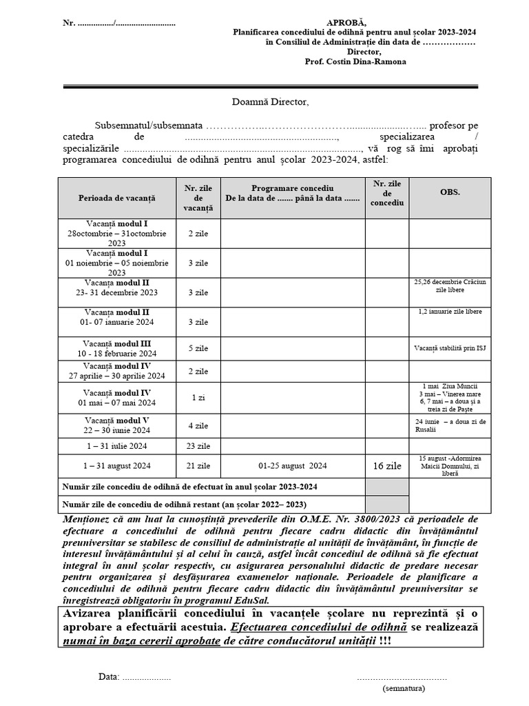 Cerere Programare Concediu 2023 2024 | PDF