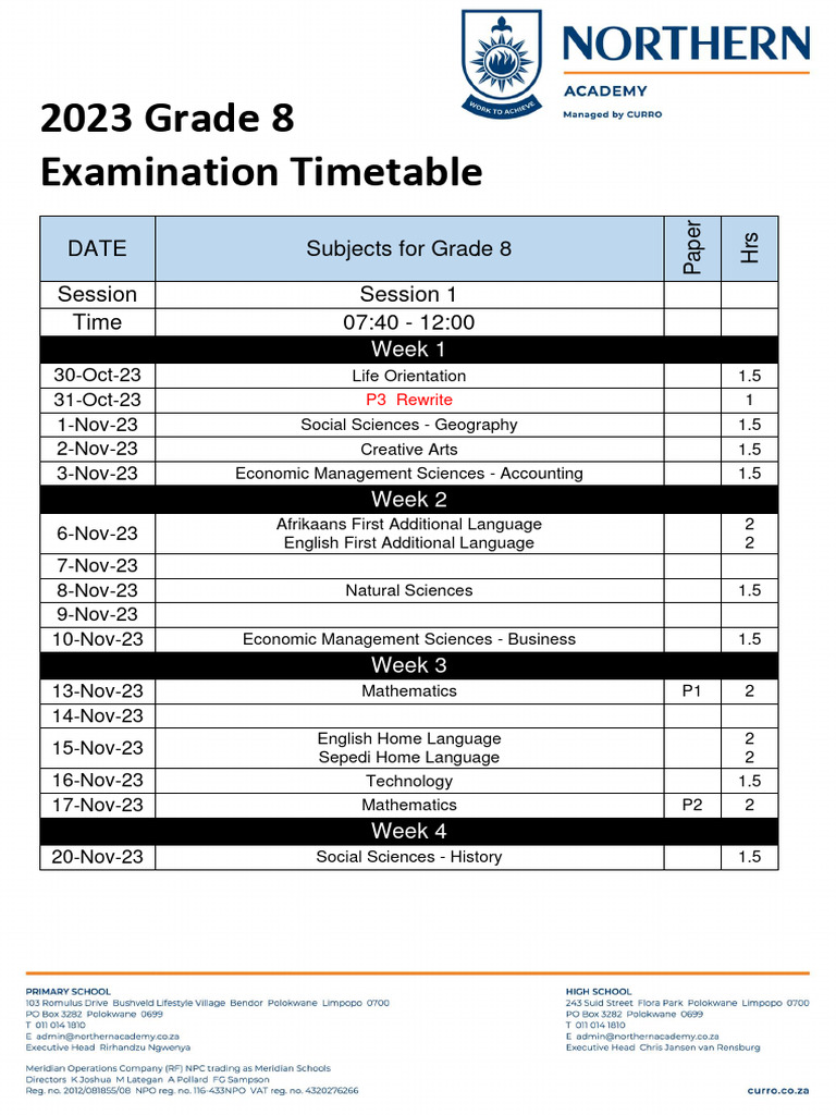 Grd.8 Examination Timetable 2023 | PDF