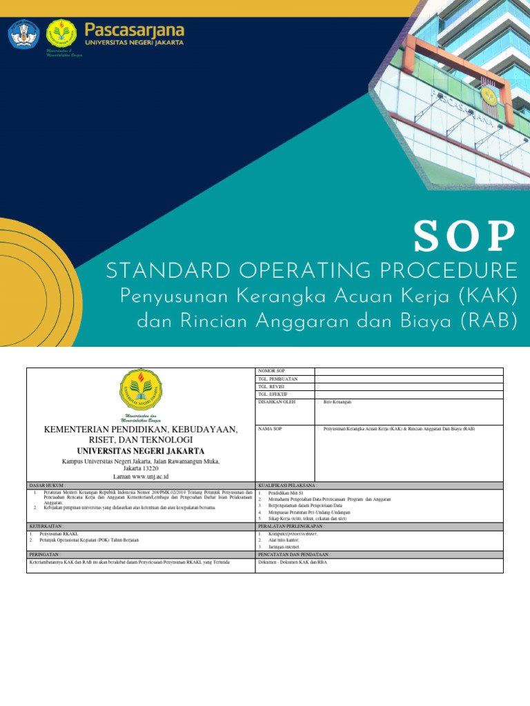 SOP Penyusunan Kerangka Acuan Kerja KAK Rincian Anggaran Dan Biaya RAB | PDF