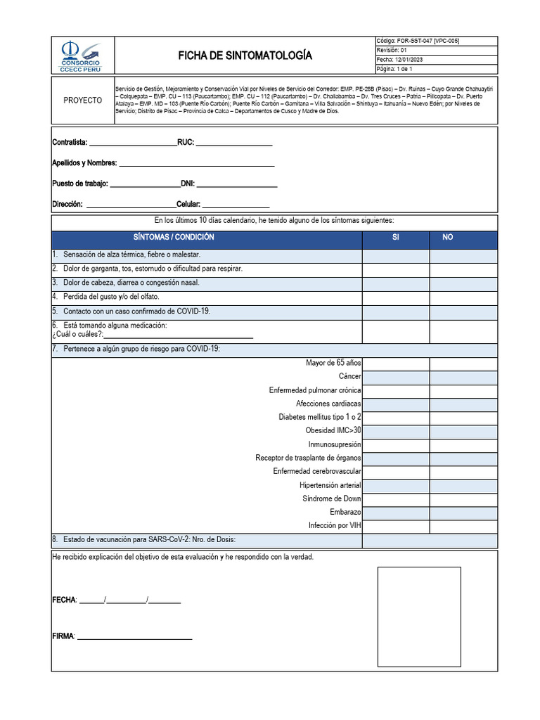 FOR-SST-047 - Ficha de sintomatología [VPC -005] | PDF | Especialidades Medicas | Enfermedades y ...