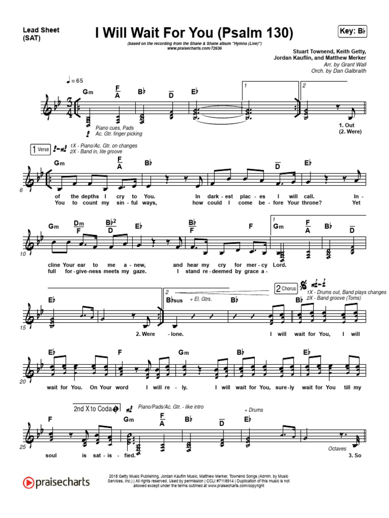 I Will Wait For You Psalm 130 Live Shane Shane Piano Vocal | PDF ...