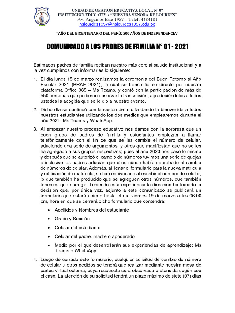 Comunicado 01 Unido Con Formulario y Mesa Virtual | PDF