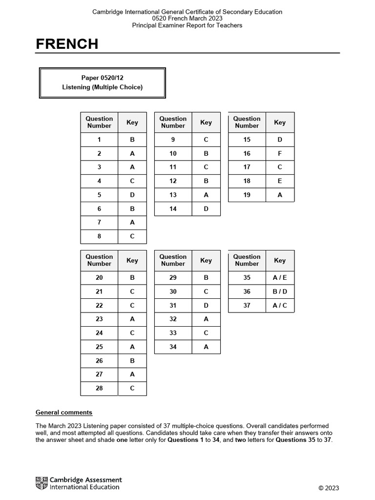 Cambridge IGCSE French Listening Report | PDF | Question | Multiple Choice