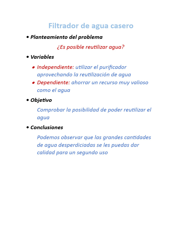Filtrador de Agua Casero: - Planteamiento Del Problema - Variables | PDF