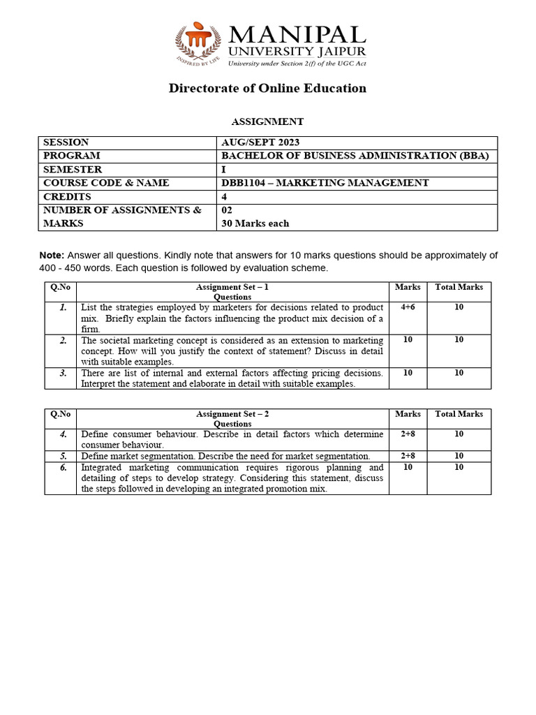 Assignment - DBB1104 - BBA 1 - Set-1 and 2 - Aug-Sept 2023 | PDF