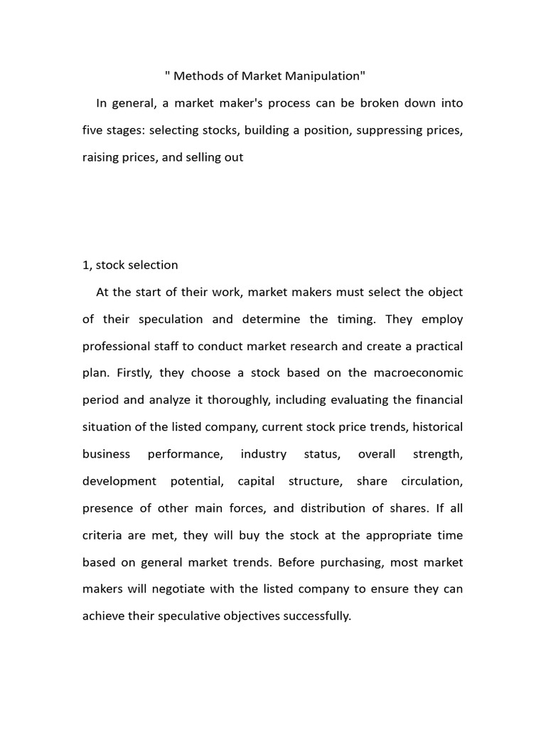 Market Manipulation Techniques Explained | PDF | Stocks | Market Maker