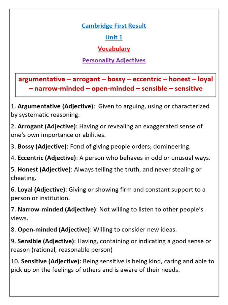 FCE Unit 1 Vocab. Sheet . | PDF | Reason