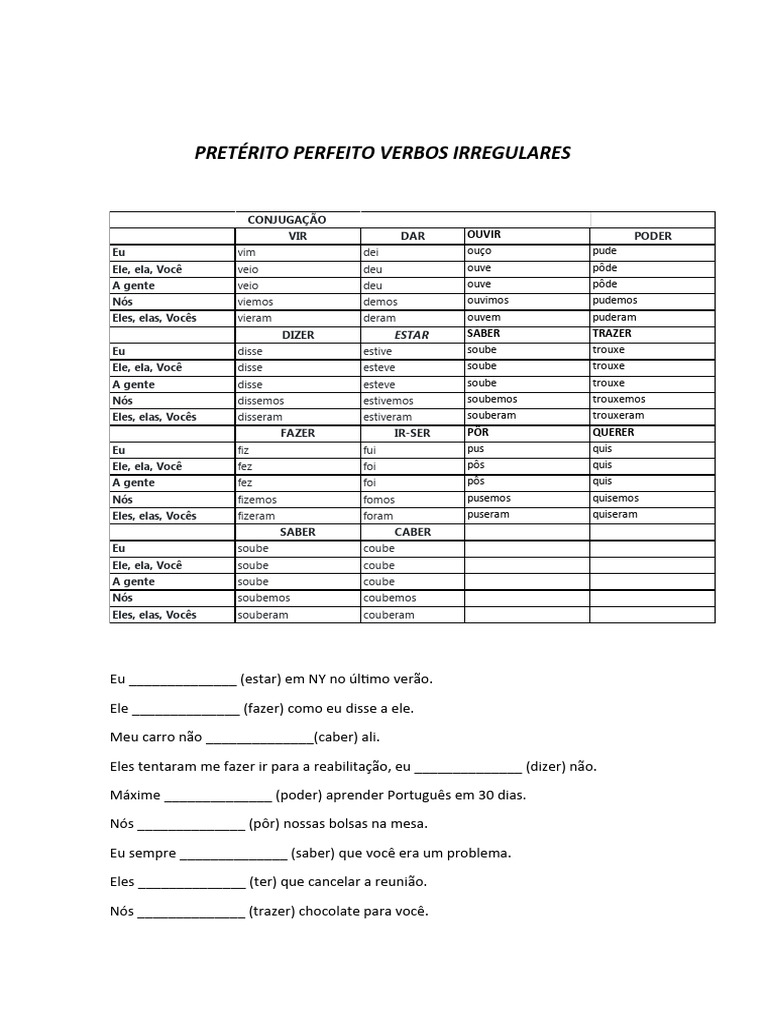 Pretérito Perfeito Verbos Irregulares | PDF