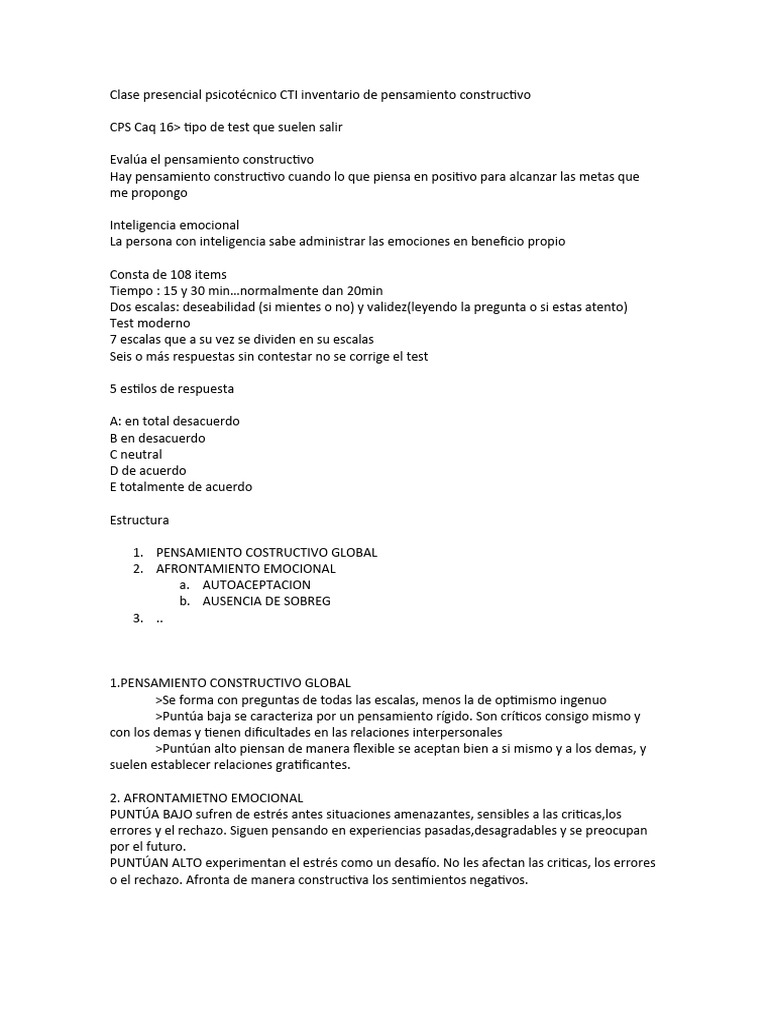 Test CTI: Inventario de Pensamiento Constructivo | PDF | Pensamiento ...