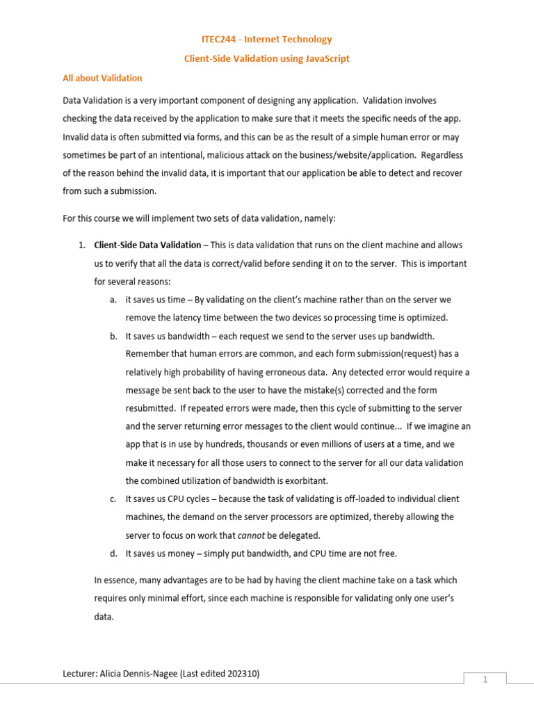 ITEC244 ClientSideValidation 202310 | PDF | Software Engineering | Computing