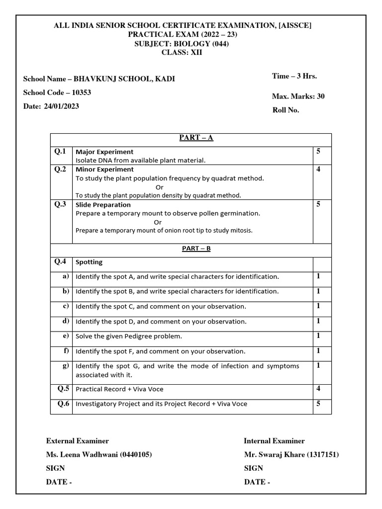 AISSCE Biology Practical Exam 2023 | PDF