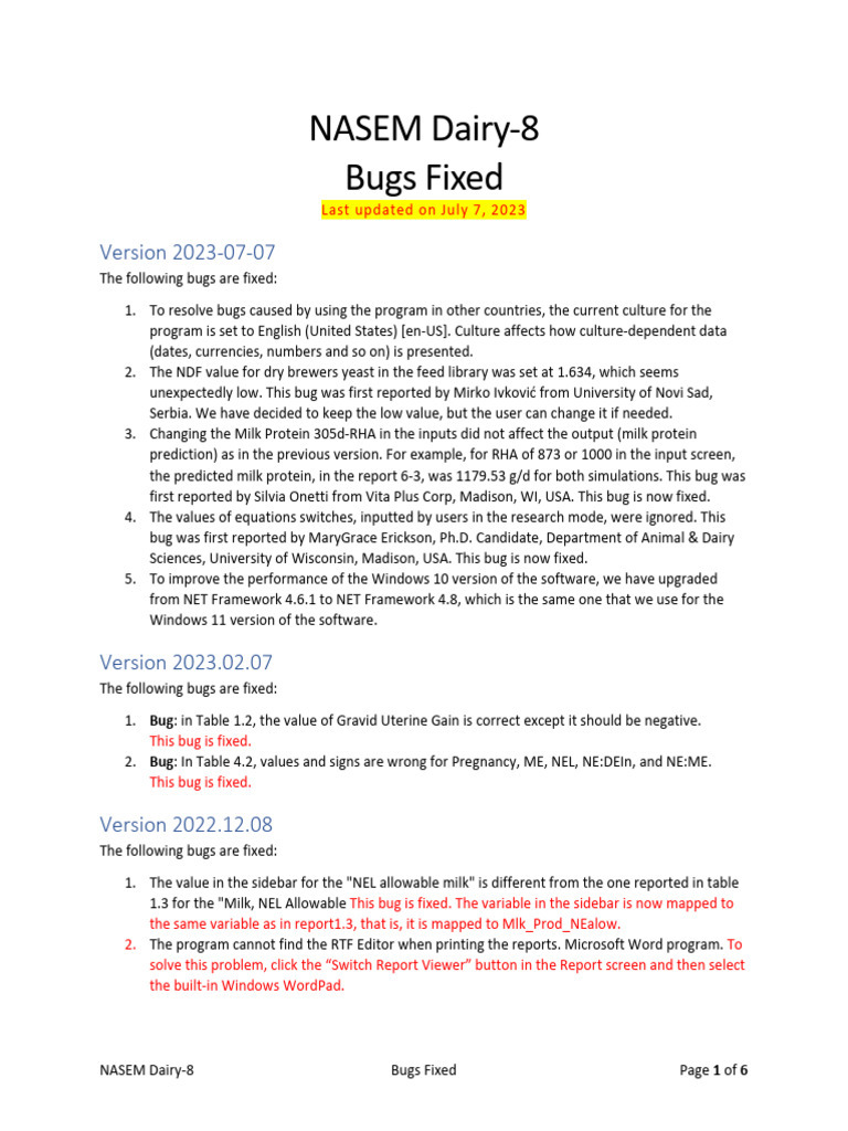 NASEM - Dairy-8 Bugs Fixed | Download Free PDF | Microsoft Excel | Software Bug