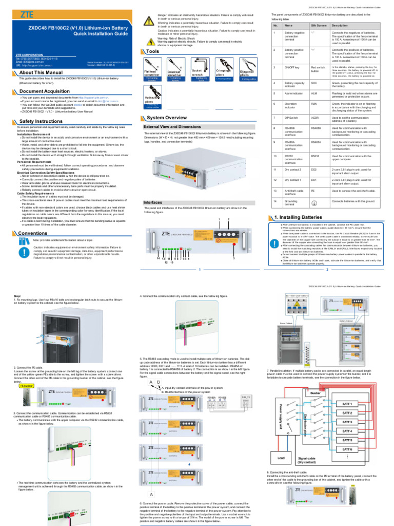 ZXDC48 FB100C2 (V1.0) Lithium-Ion Battery Quick Installation Guide | PDF | Lithium Ion Battery ...