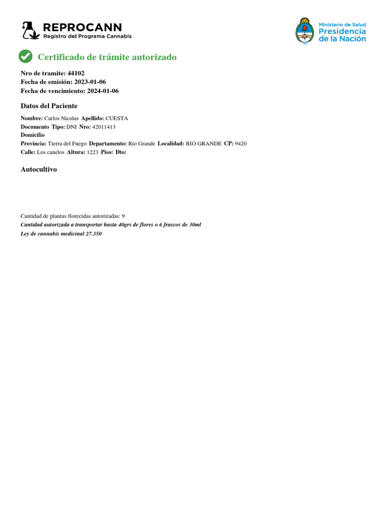 Reprocann Certificado | PDF