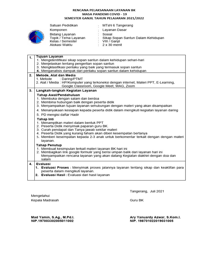 Rencana Layanan BK: Sopan Santun Kelas VIII | PDF