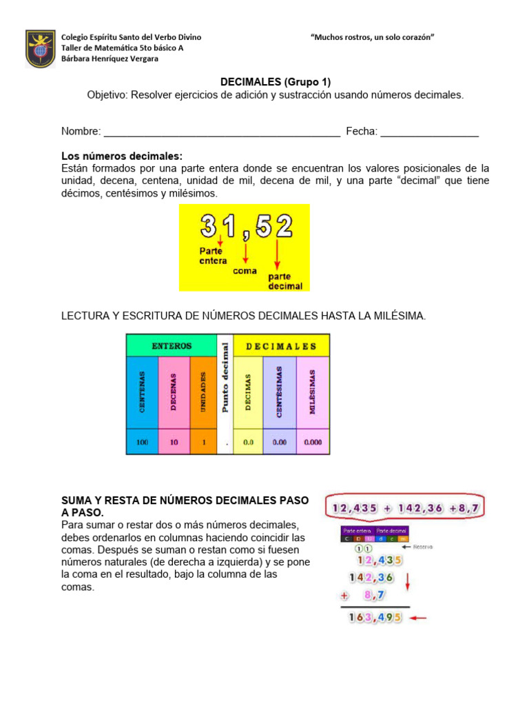 Taler Matematica 5to Decimales | Descargar gratis PDF | Notación ...