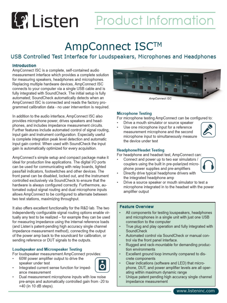 AmpConnect ISC: Audio Test Interface | PDF | Headphones | Microphone
