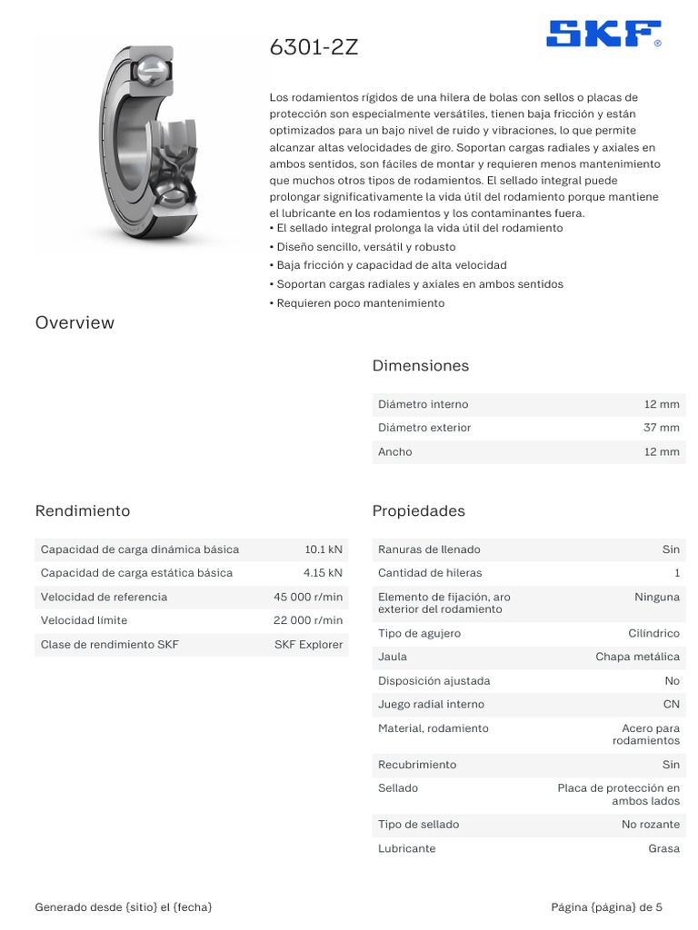 SKF 6301-2Z Specification | PDF