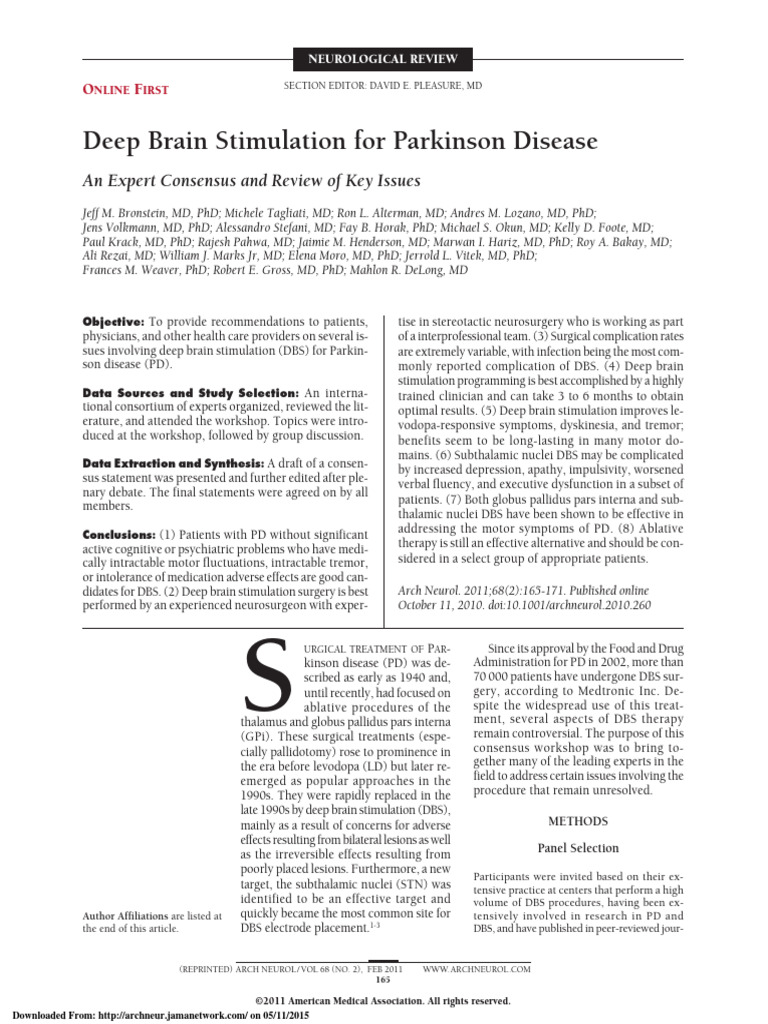 Deep Brain Stimulation For Parkinson Disease An Expert Consensus and ...