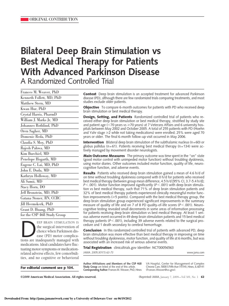 Bilateral Deep Brain Stimulation Vs Best Medical Therapy For Patients ...