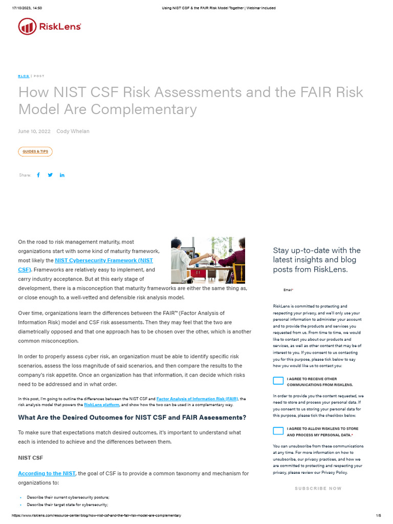 Using NIST CSF & The FAIR Risk Model Together - Webinar Included | PDF | Risk | Risk Management