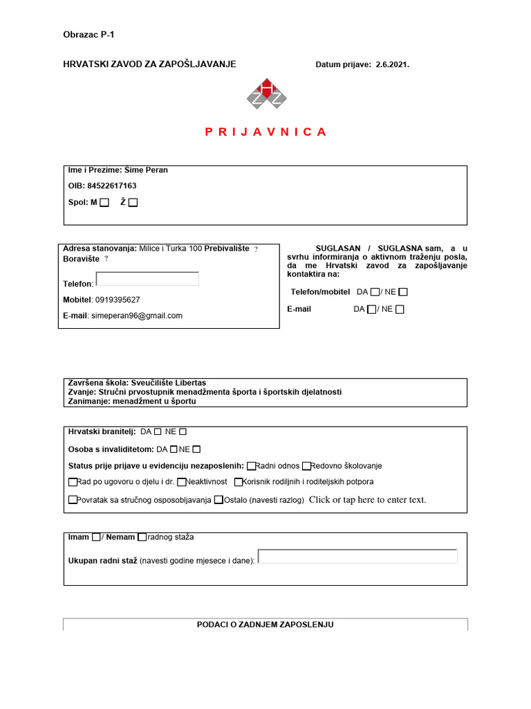 HZZ Prijavnica - 2020 U Evidenciju Nezaposlenih | PDF