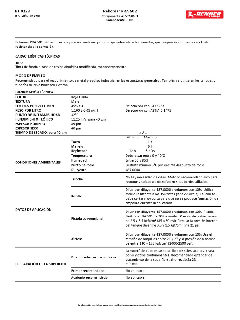 BT 0223 Rekomar PRA 502: REVISIÓN: 01/2015 Componente A: 502.0489 ...