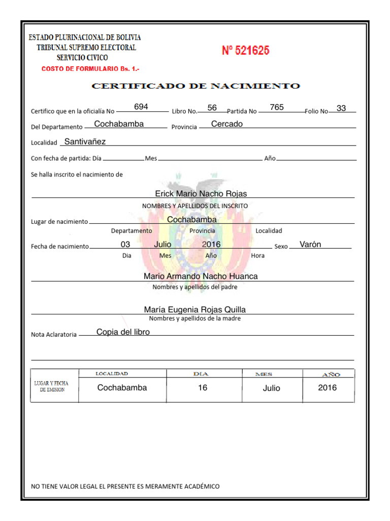 Modelo Actual de Certificados de Nacimiento y Matrimonio Expedido en Bolivia | PDF | Matrimonio ...