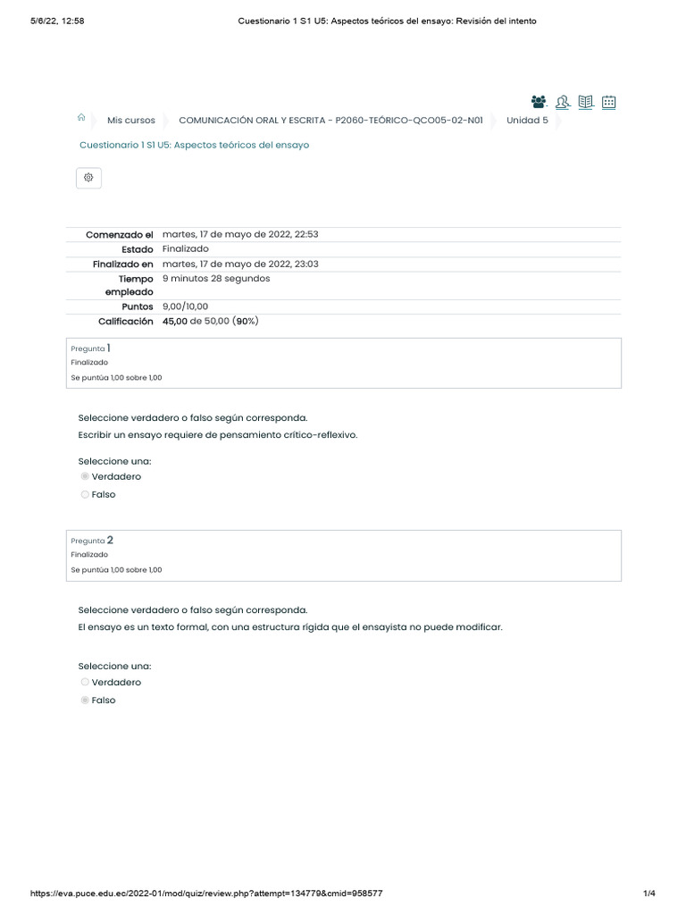 Cuestionario 1 S1 U5 - Aspectos Teóricos Del Ensayo - Revisión Del Intento | Descargar gratis ...