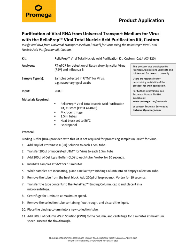 Viral Rna Universal Transport Medium Reliaprep Viral Tna Kit | PDF ...