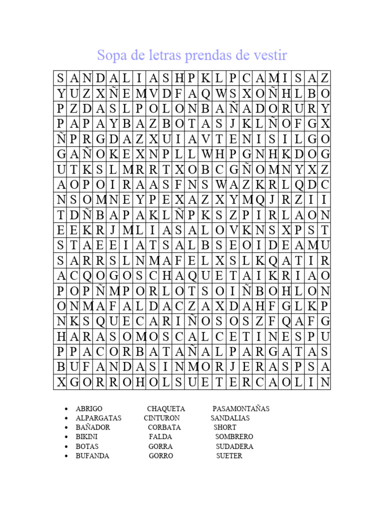 Sopa de Letras Prendas de Vestir 2 | PDF