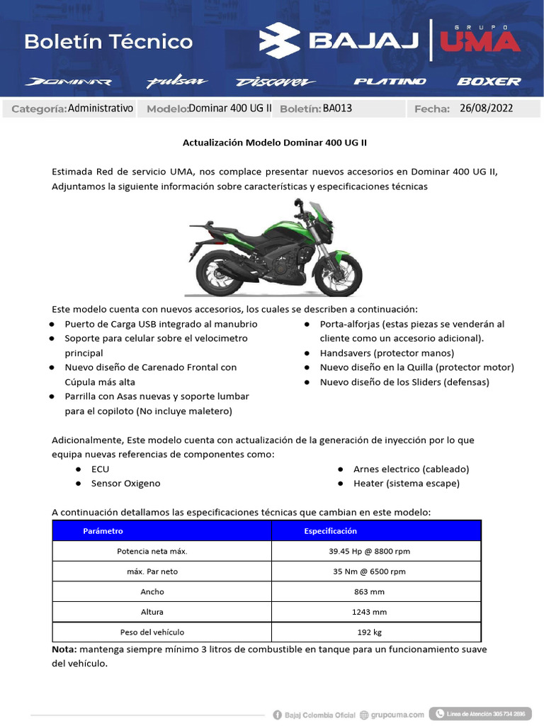 Especificaciones Dominar 400 UG II | PDF | Tornillo | USB