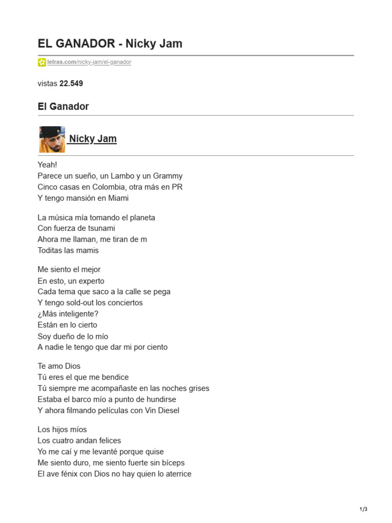 EL GANADOR - Nicky Jam | PDF