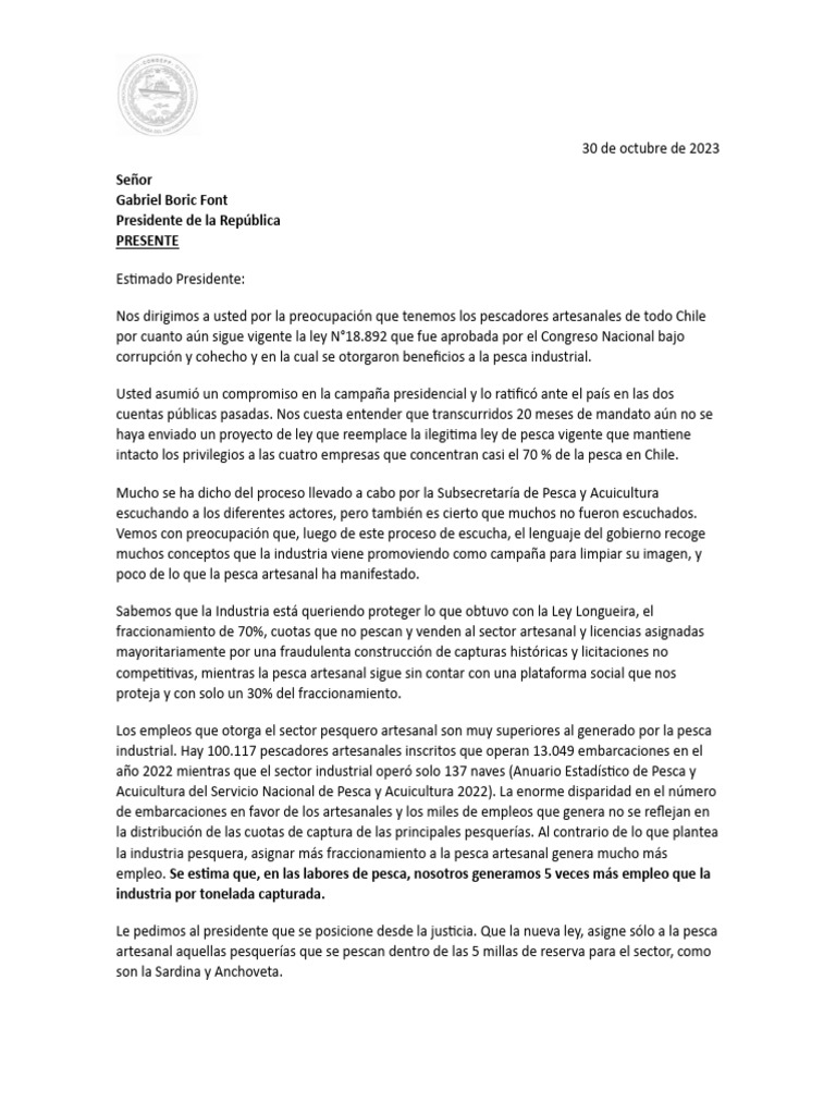 Carta Al Presidente de La República | PDF | Pesquería