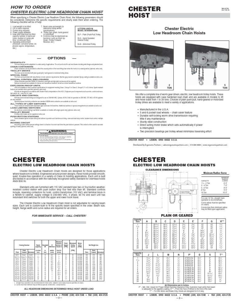 Chester Electric Low Headroom Chain Hoists Brochure | PDF | Alternating ...