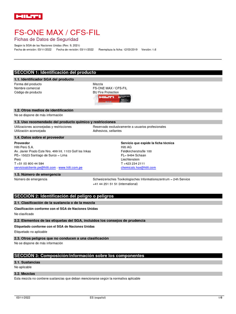 Ficha de Seguridad FS-ONE MAX / CFS-FIL | PDF | Primeros auxilios | Agua