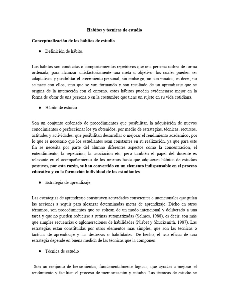 Hábitos y Técnicas de Estudio | PDF | Aprendizaje | Habilidades de estudio