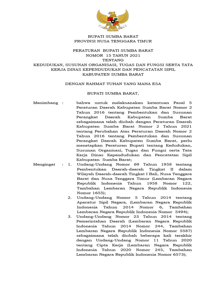 Perbup Sotk Dinas Kependudukan Dan Capil | PDF