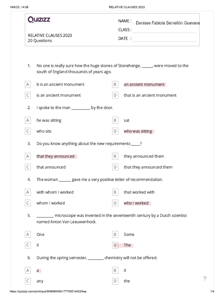 Relative Clauses Quiz 2023 | PDF